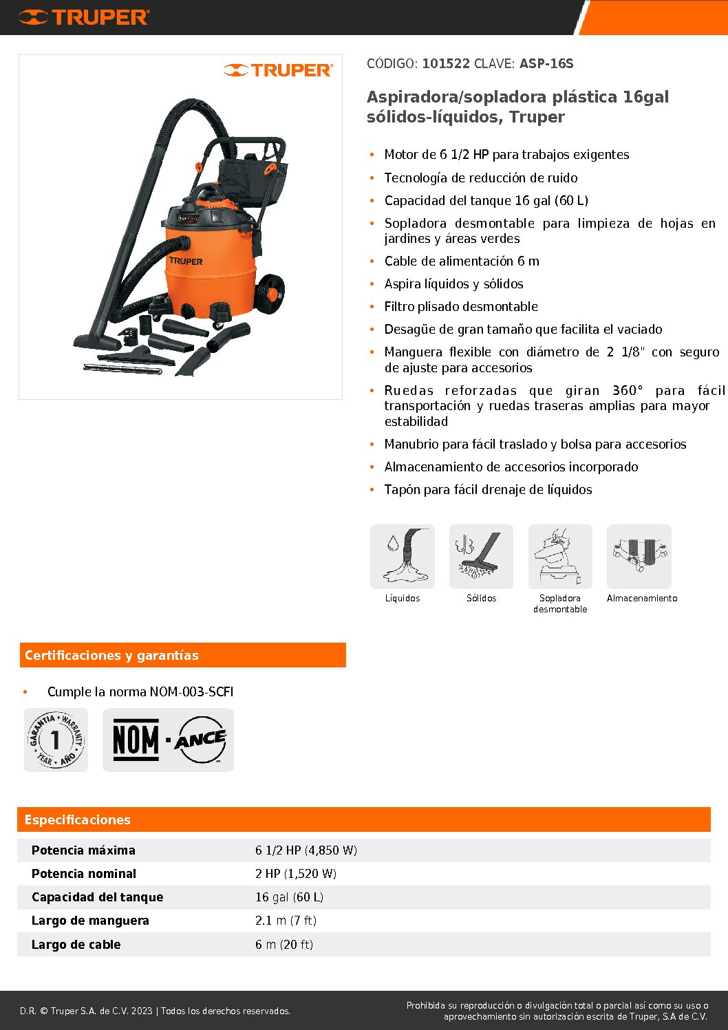 Aspiradora sopladora plástica 16 Gln Sólidos/Líquidos Truper - caliconstruir.co